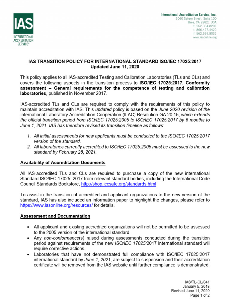 IAS - TL CL - 041 - 17025 Transition Policy - 20200611 | PDF ...