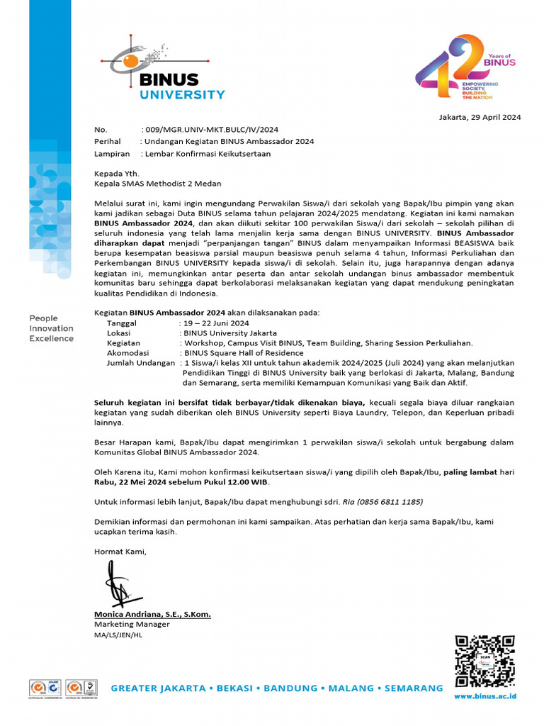 Surat Undangan BINUS Ambassador 2024 SMAS Methodist 2 Medan | PDF