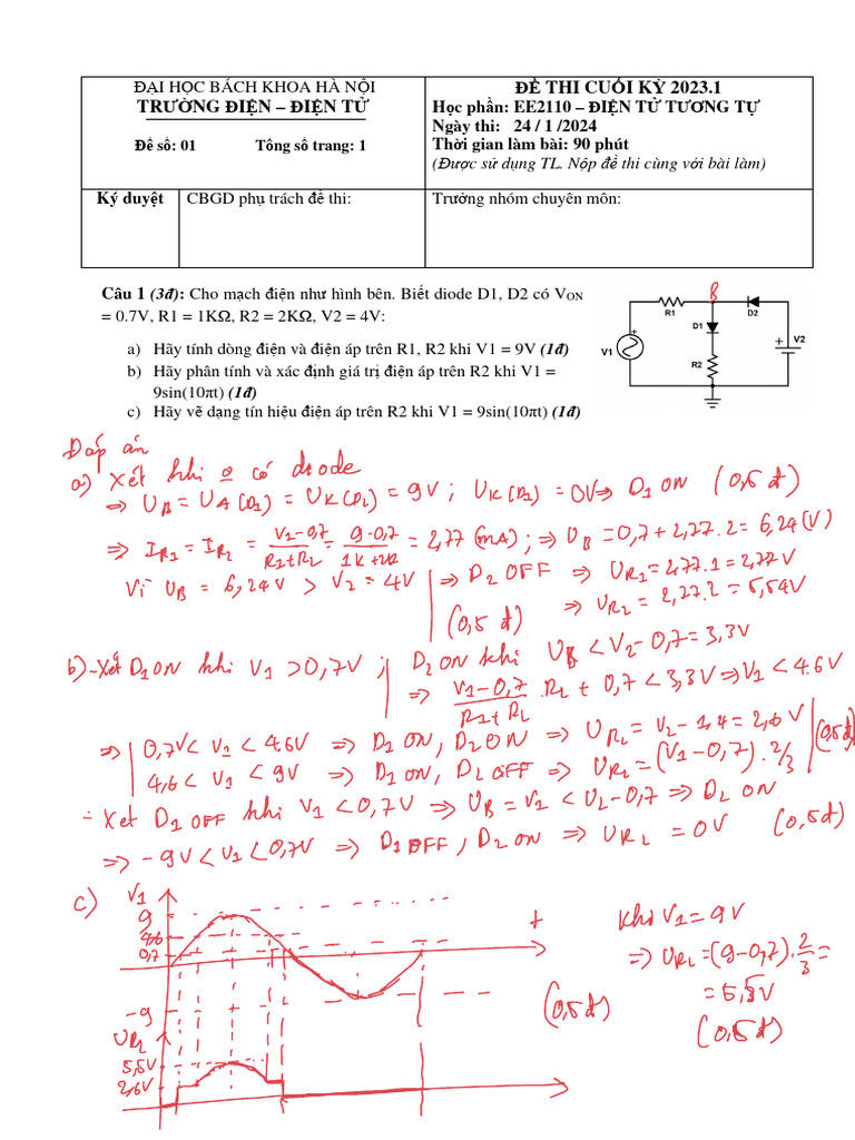 Đề 1 cuối kỳ EE2110 2023.1 | PDF