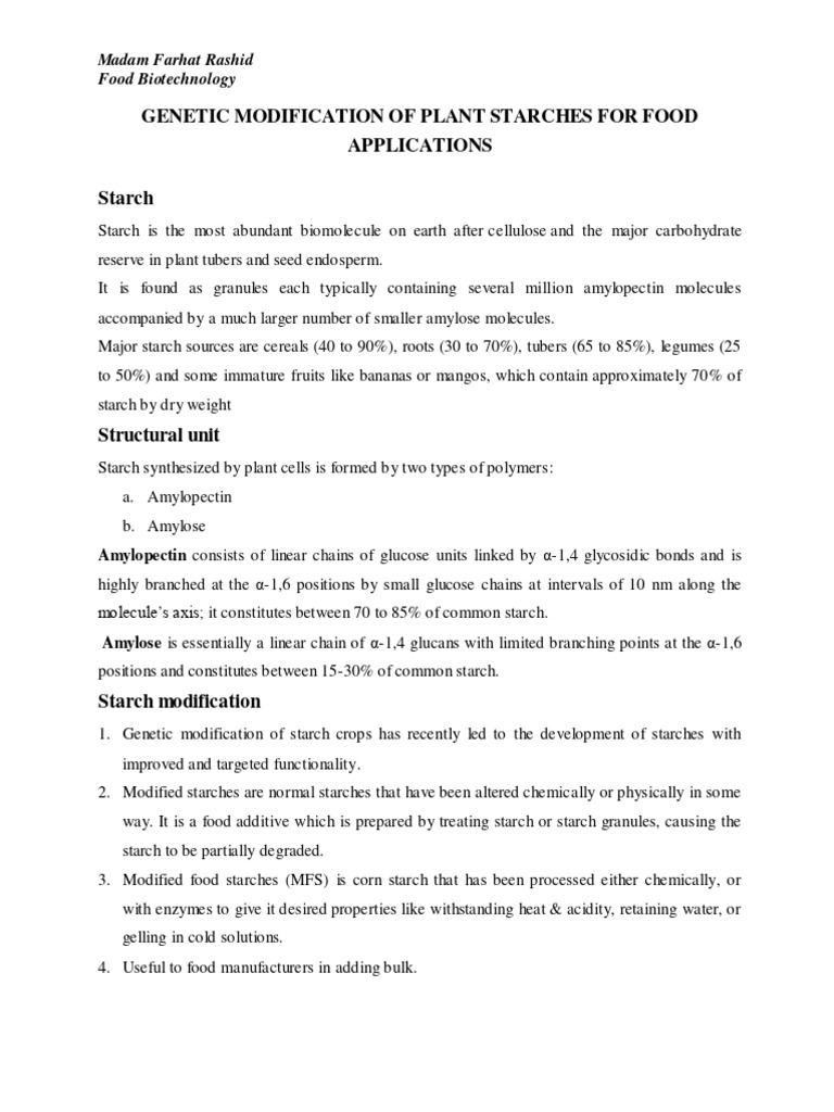 Genetic Modification of Plant Starches For Food Applications | PDF | Starch | Chemistry