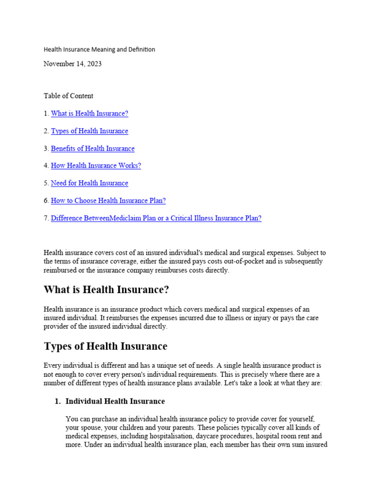 Health Insurance Meaning and Definition | PDF | Health Savings Account ...