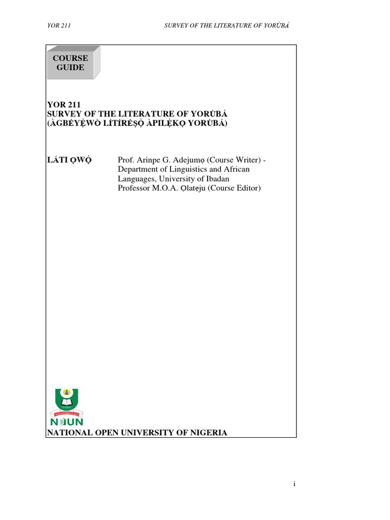 Yor 211 Survey of The Literature of Yorùbá | PDF | Languages Of Africa | Tone (Linguistics)