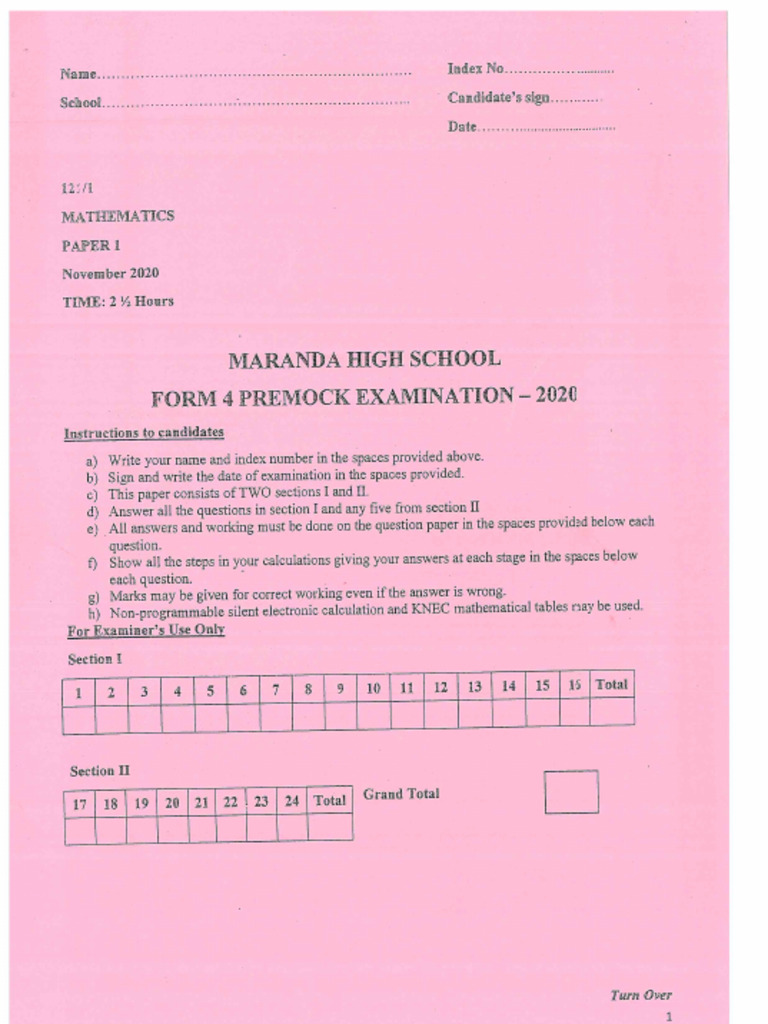 2020 Maranda Pre-Mock Maths Paper 1 Qs | PDF