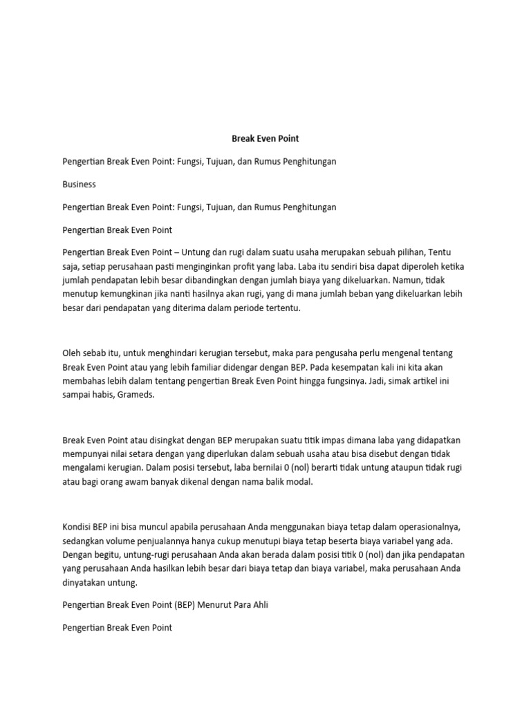 Panduan Break Even Point untuk Bisnis | PDF