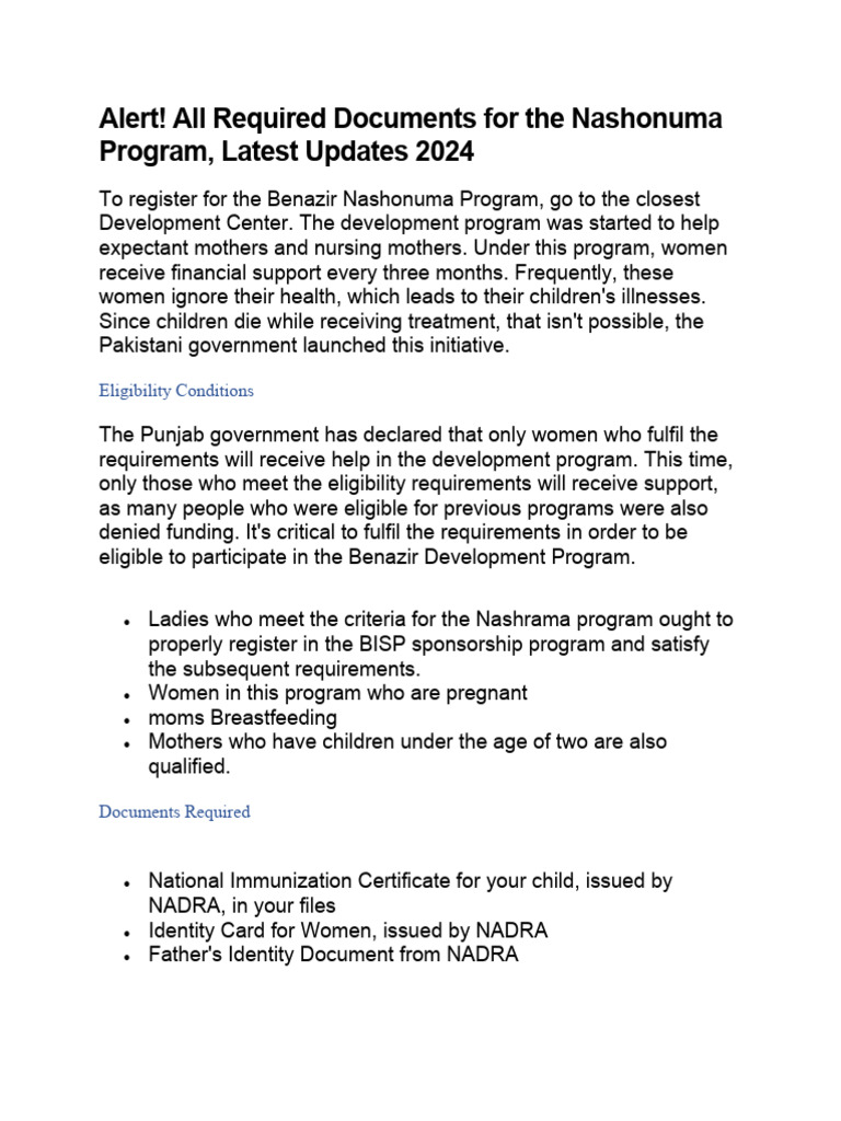 Benazir Nashonuma Program 2024 Guide | PDF | Identity Document | Breastfeeding