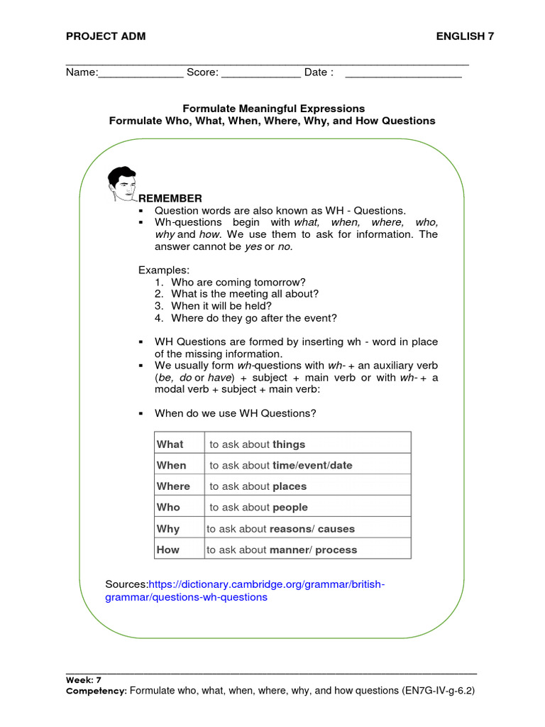 Final AS2 English-7 Wh-Questions | PDF | Question | Verb