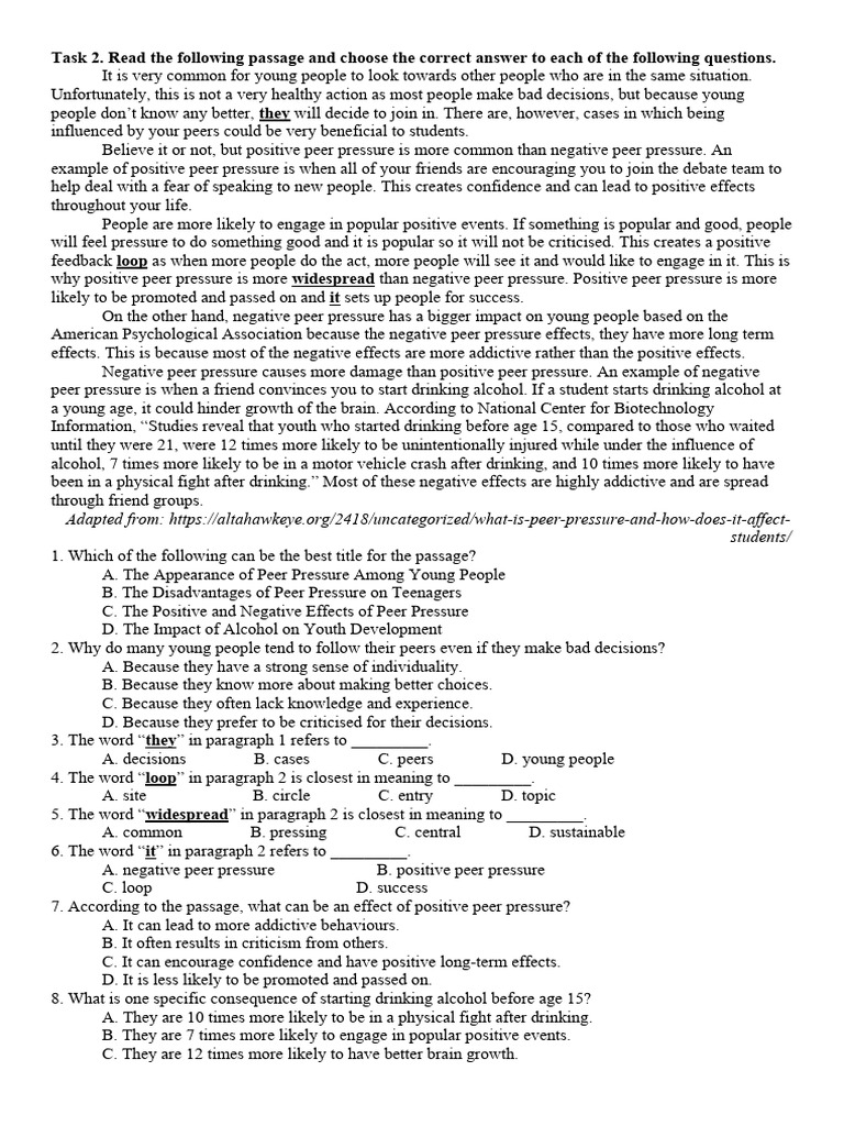 Task 2. Read The Following Passage and Choose The Correct Answer To ...