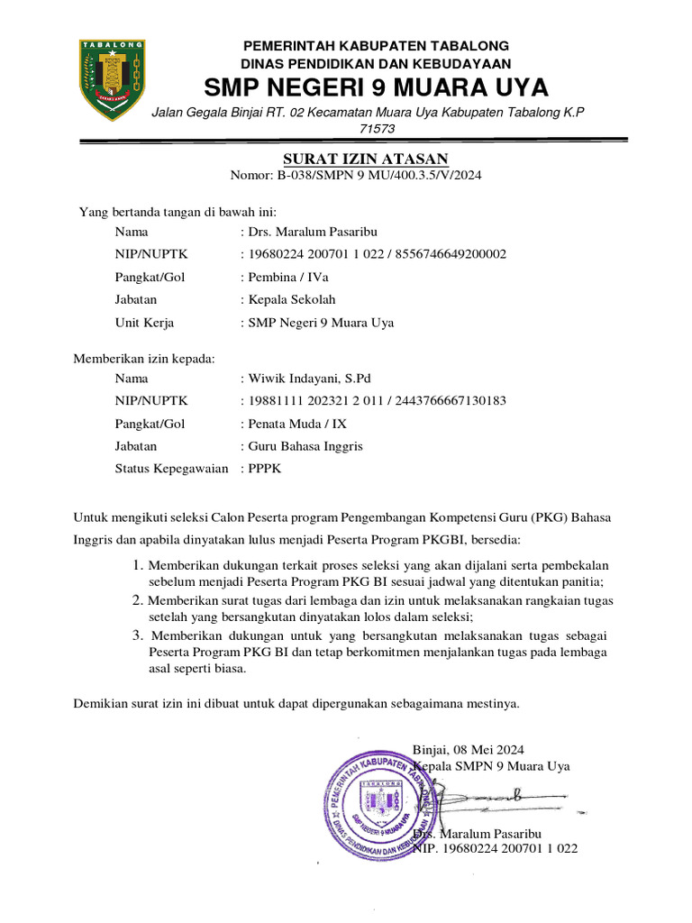 Surat Izin Atasan PKGBI | PDF