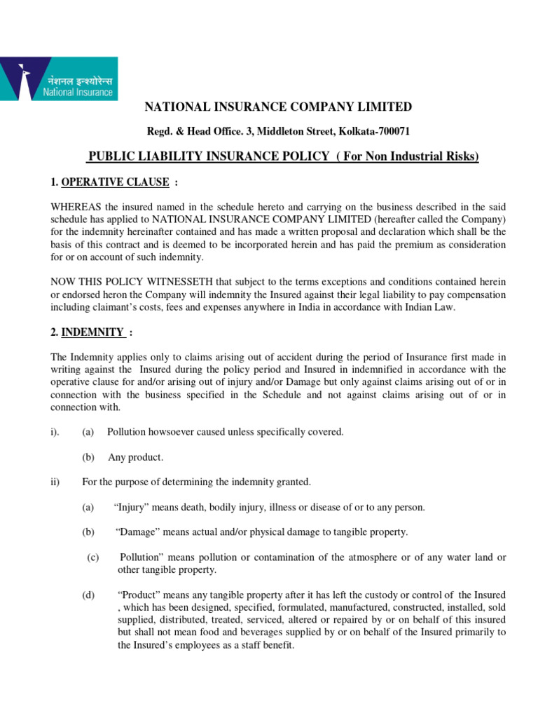 Public Liability Insurance Wording | PDF | Indemnity | Liability Insurance