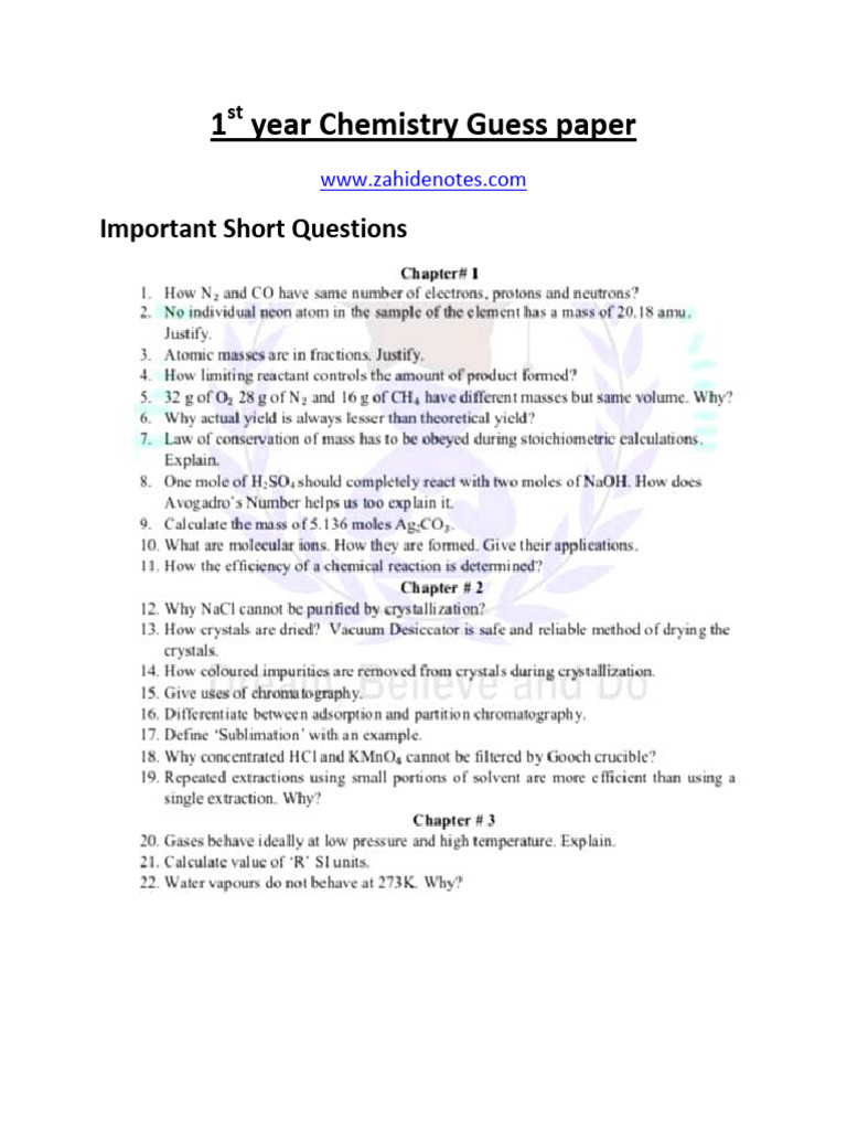 1st Year Chemistry Guess Paper Guide | PDF | Chemical Reactions | Molecules