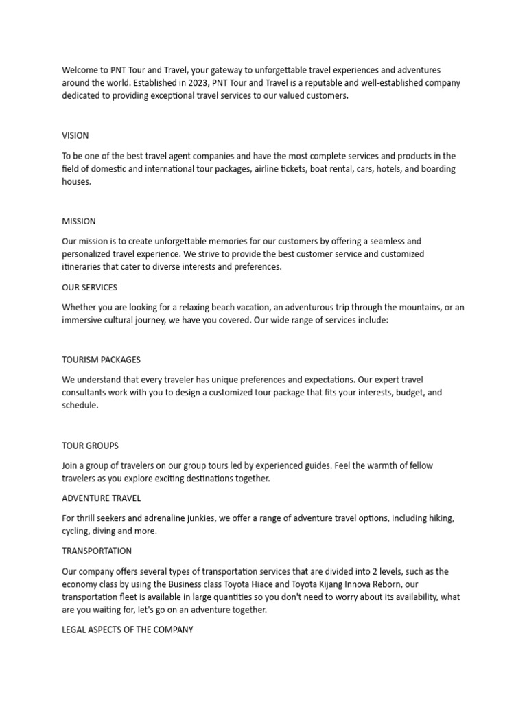 PNT Tour and Travel Services Overview | PDF | Tourism | Transport