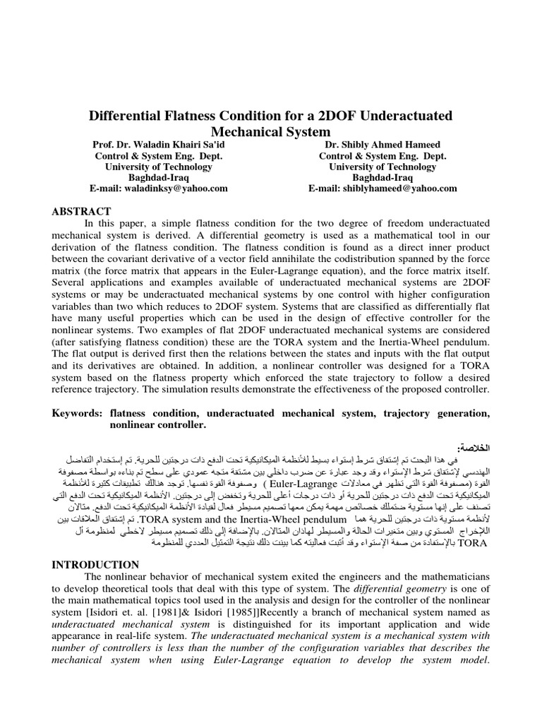 Differential Flatness Condition For A 2DOF Underactuated Mechanical System | Download Free PDF ...