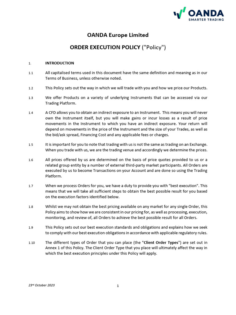 OANDA Order Execution Policy Overview | PDF | Order (Exchange) | Market ...