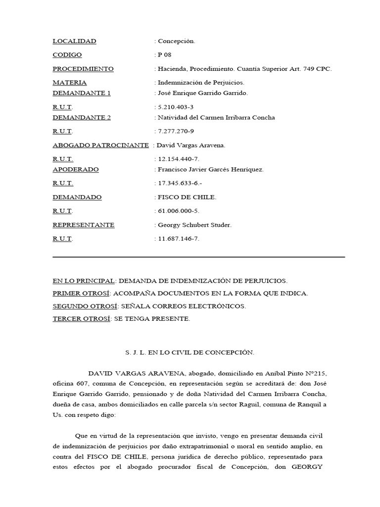 Demanda Indemnizacion de Perjuicios Jose Garrido y Natividad Irribarra | Descargar gratis PDF ...
