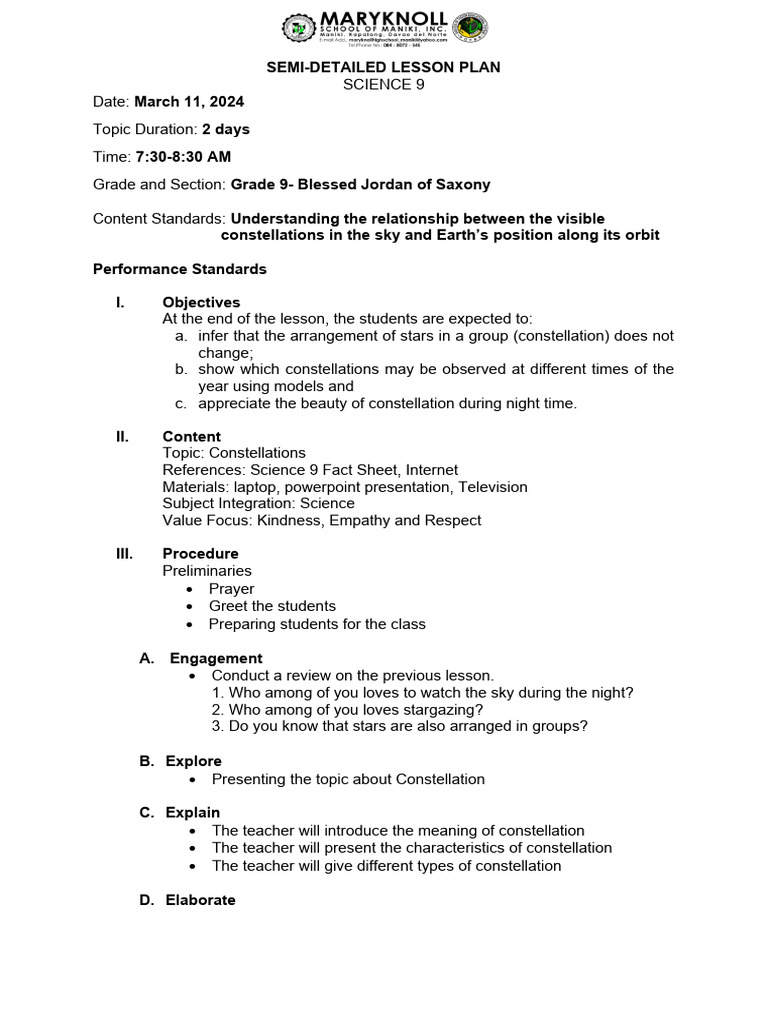 Grade 9 Constellation Lesson Plan | PDF | Lesson Plan | Science