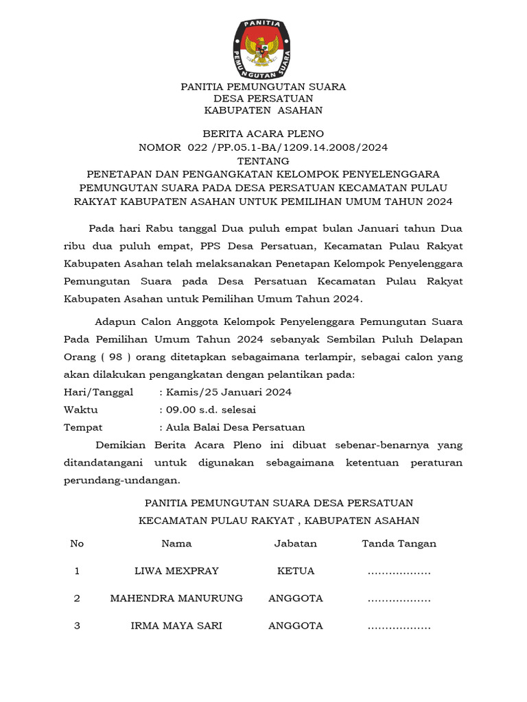 01 Format Ba PPS Pengangkatan KPPS1 | PDF