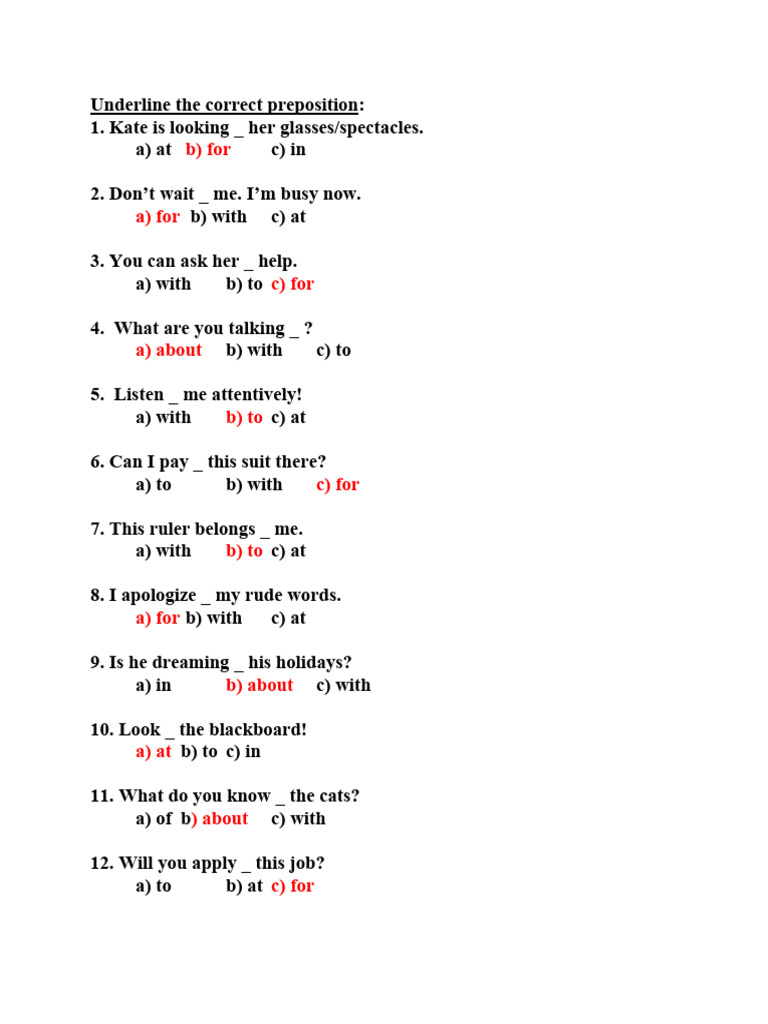 Underline The Correct Preposition | PDF | Language Arts & Discipline