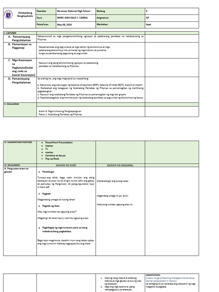 COT LP AP Kalakalang Panlabas NG Pilipinas | PDF