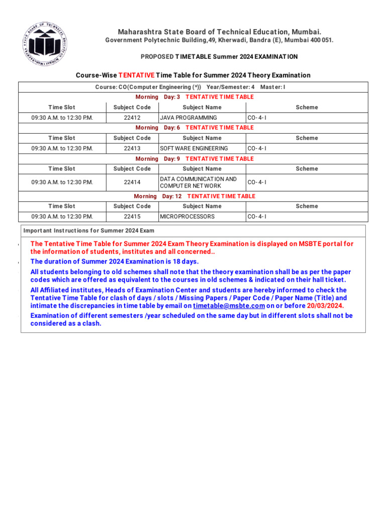 Time Table For Summer 2024 Theory Examination | PDF