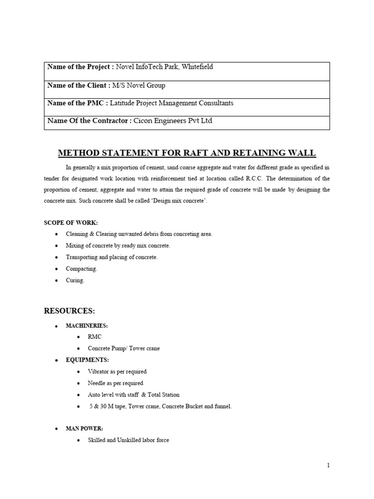 Method Statement For Raft and Retaining Wall | PDF | Concrete | Civil Engineering