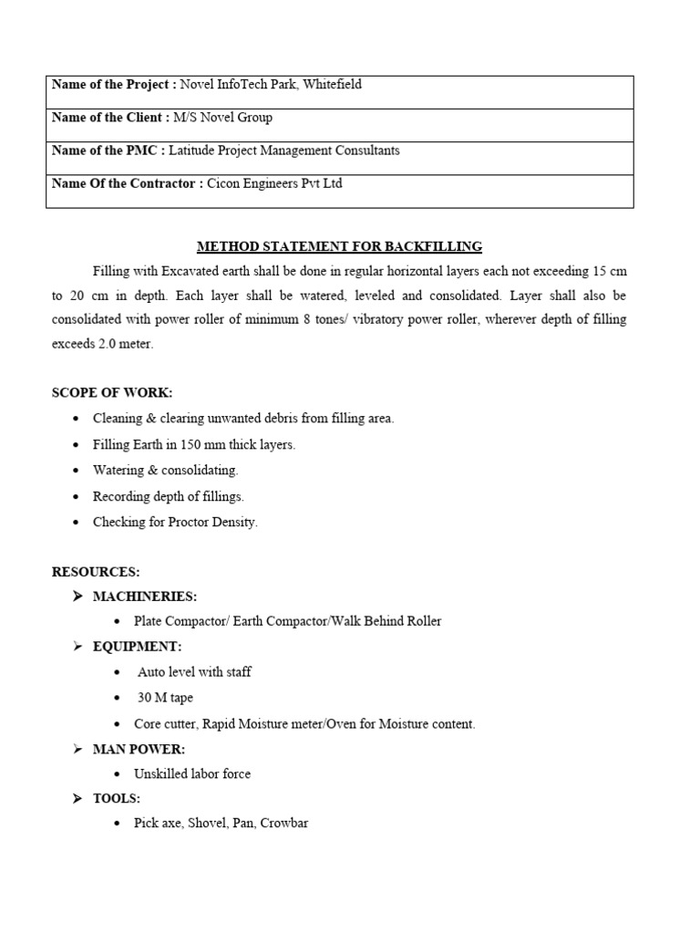 METHOD STATEMENT FOR BACKFILLING | PDF | Soil Science | Earth Sciences