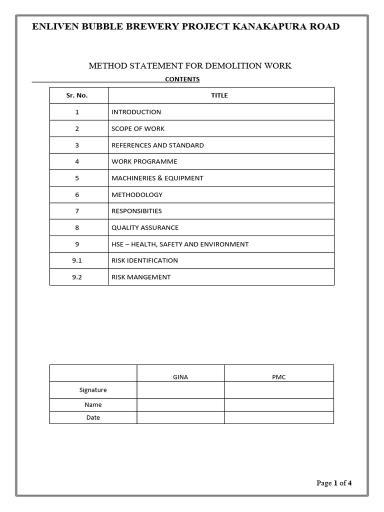 METHOD STATEMENT FOR Demolition | PDF | Demolition | Risk