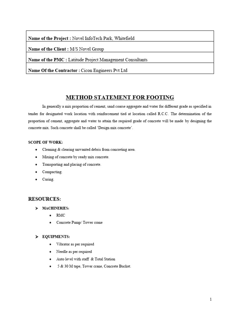 Method Statement for Footing Construction | PDF | Concrete | Structural ...