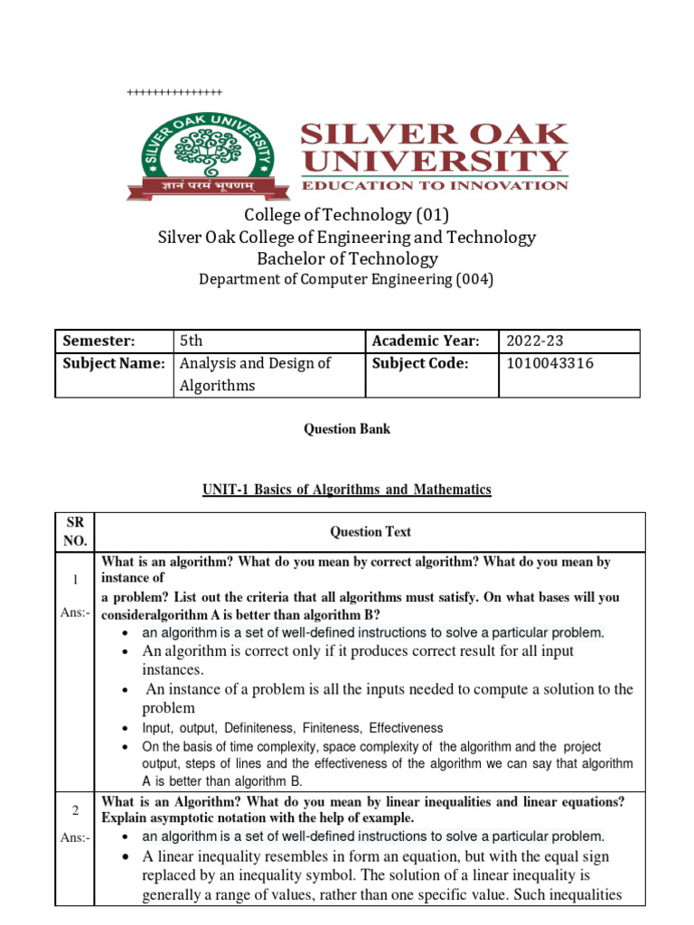 ADA Question Bank Updated | PDF | Time Complexity | Algorithms