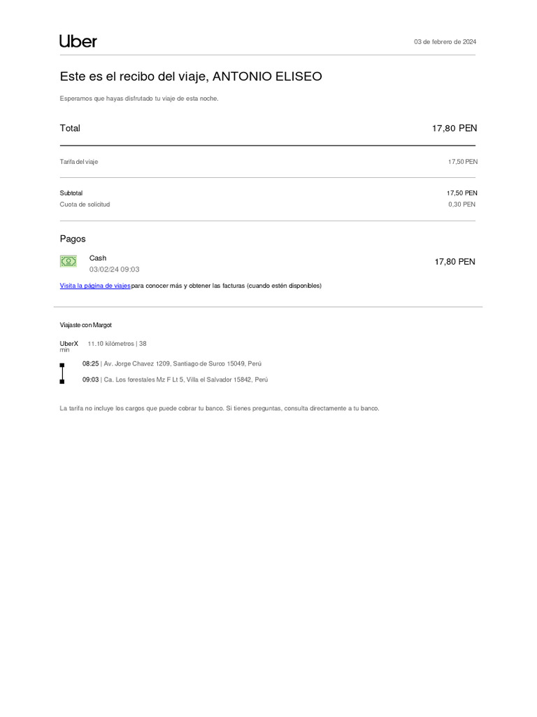 Recibo de Viaje Uber de Antonio Eliseo | PDF