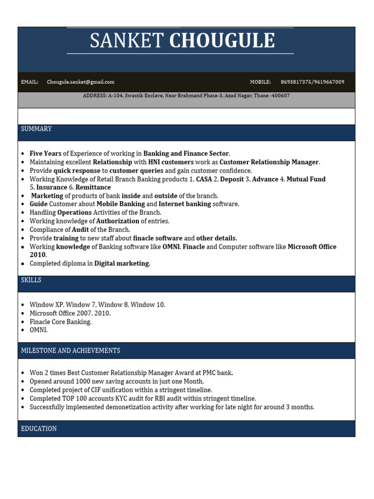 Banking Resume Sanket | PDF | Banks | Financial Services Banking Resume Sanket | PDF | Banks | Financial Services