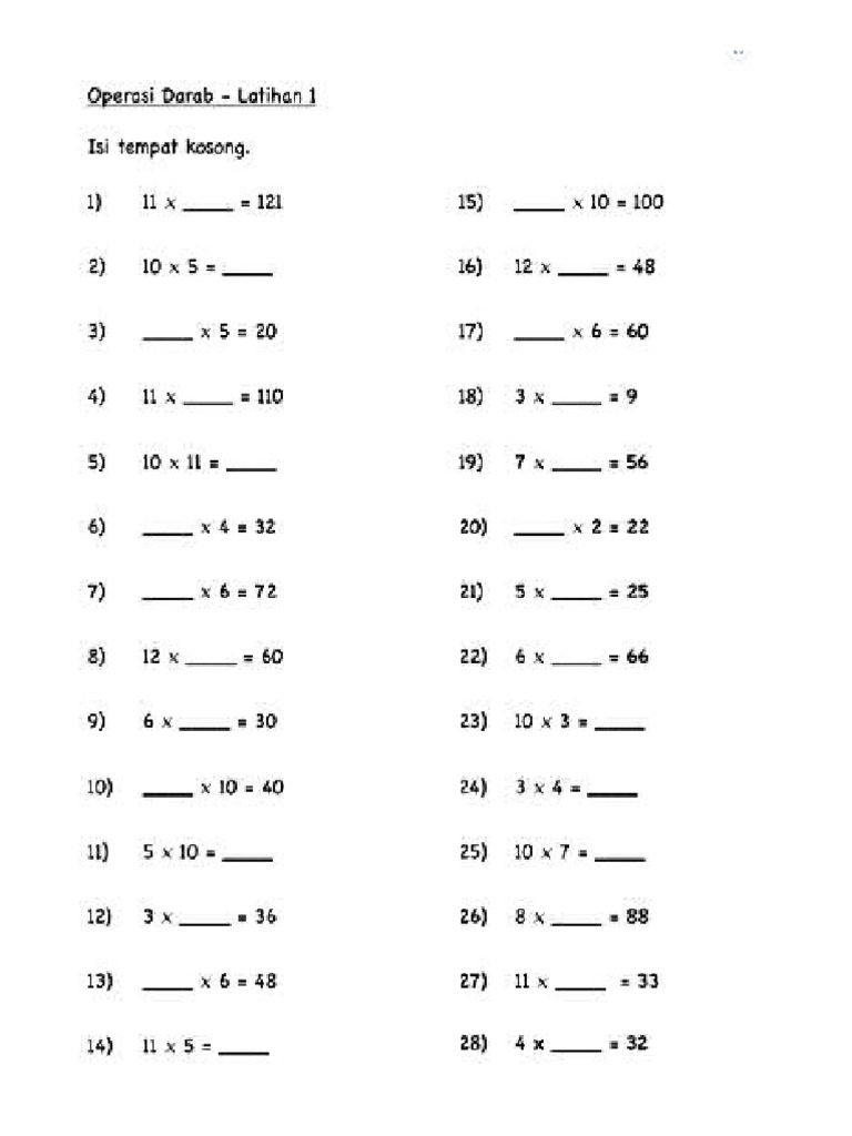 Latihan Pantas Darab Dan Bahagi Tahun 3 Pdf