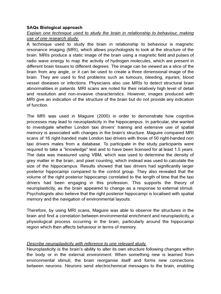 IB Psychology Biological Approach SAQs | PDF | Neurotransmitter ...