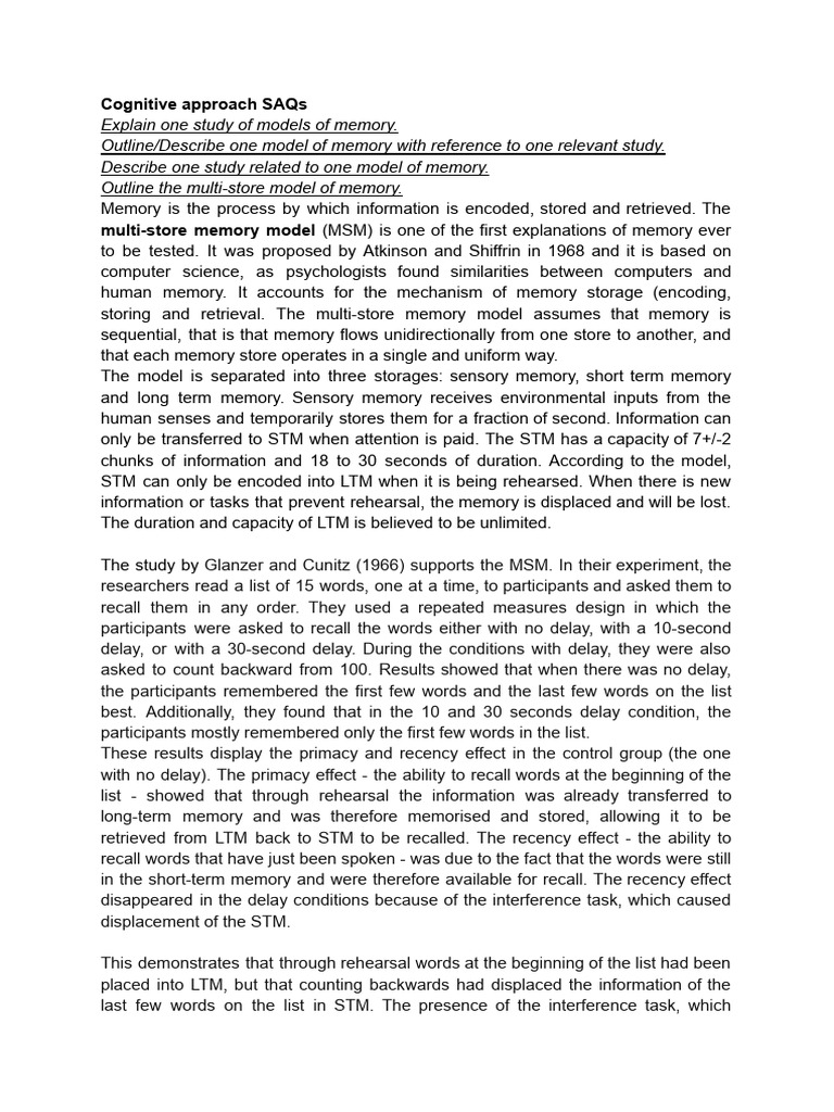 IB Psychology Cognitive Approach SAQs | PDF | Decision Making | Memory