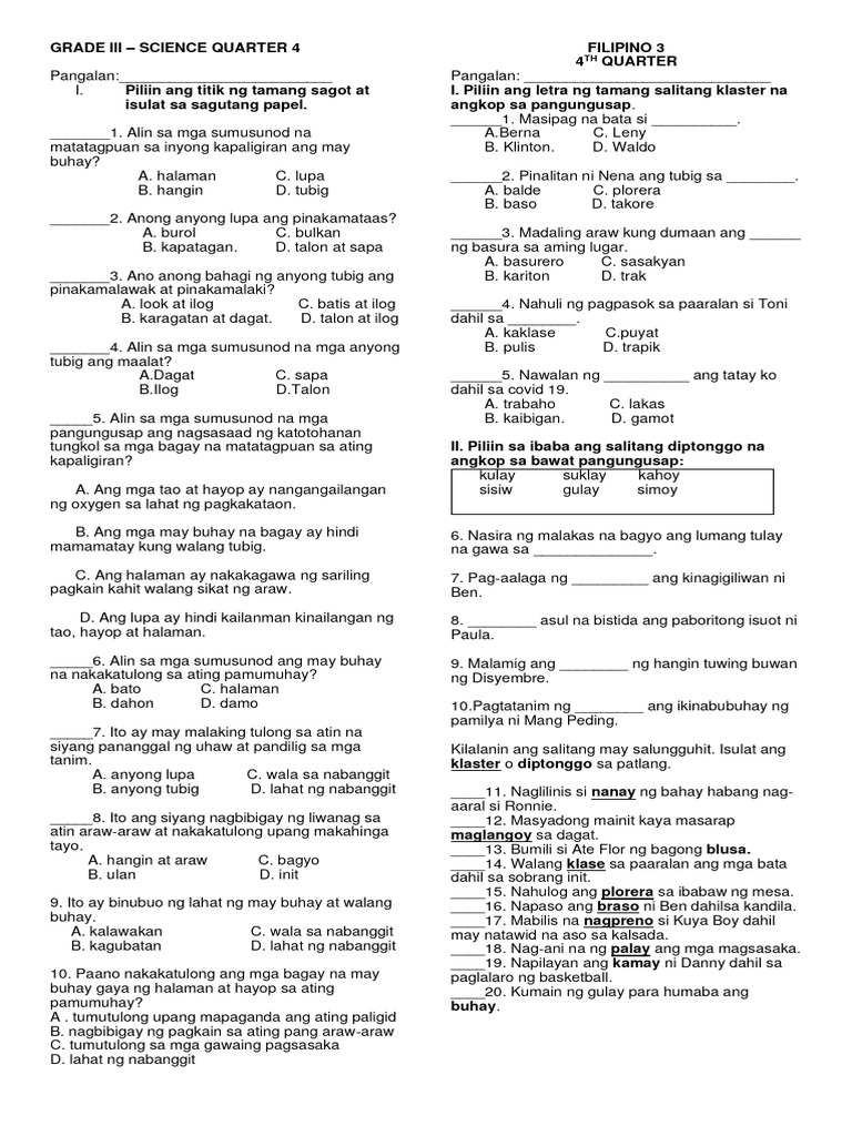 GRADE III Science at Filipino 1 | PDF