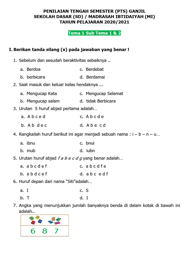 (LATIHAN) SOAL PTS KELAS 2 TEMA 1 Bagian 1 - Reupload Kamimadrasah | PDF | Metode & Bahan Ajar ...