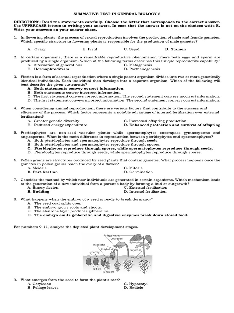 Summative Test In General Biology 2 Pdf Reproduction Embryo
