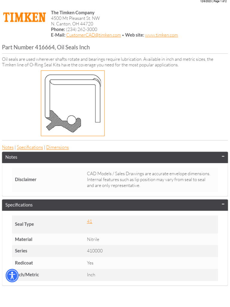 Estopera de Aceite 416664 Timken | PDF | Bearing (Mechanical)