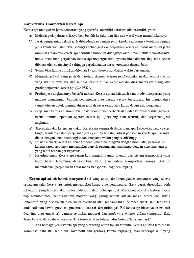 Karakteristik Transportasi Kereta Api | PDF