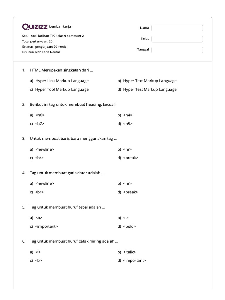 Soal - Soal Latihan TIK Kelas 9 Semester 2 - Quizizz | PDF