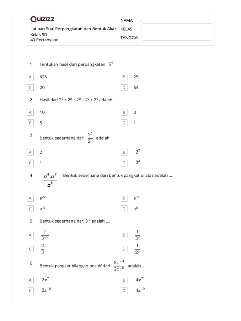 Latihan Perpangkatan dan Akar Kelas 9D | PDF