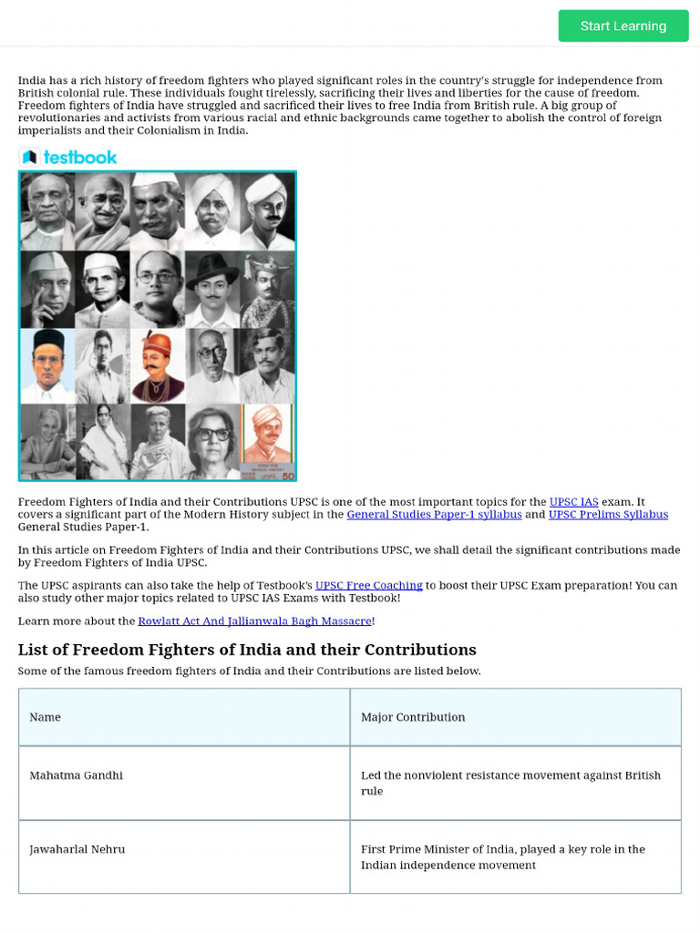 Freedom Fighters of India and Their Contributions UPSC Notes | PDF