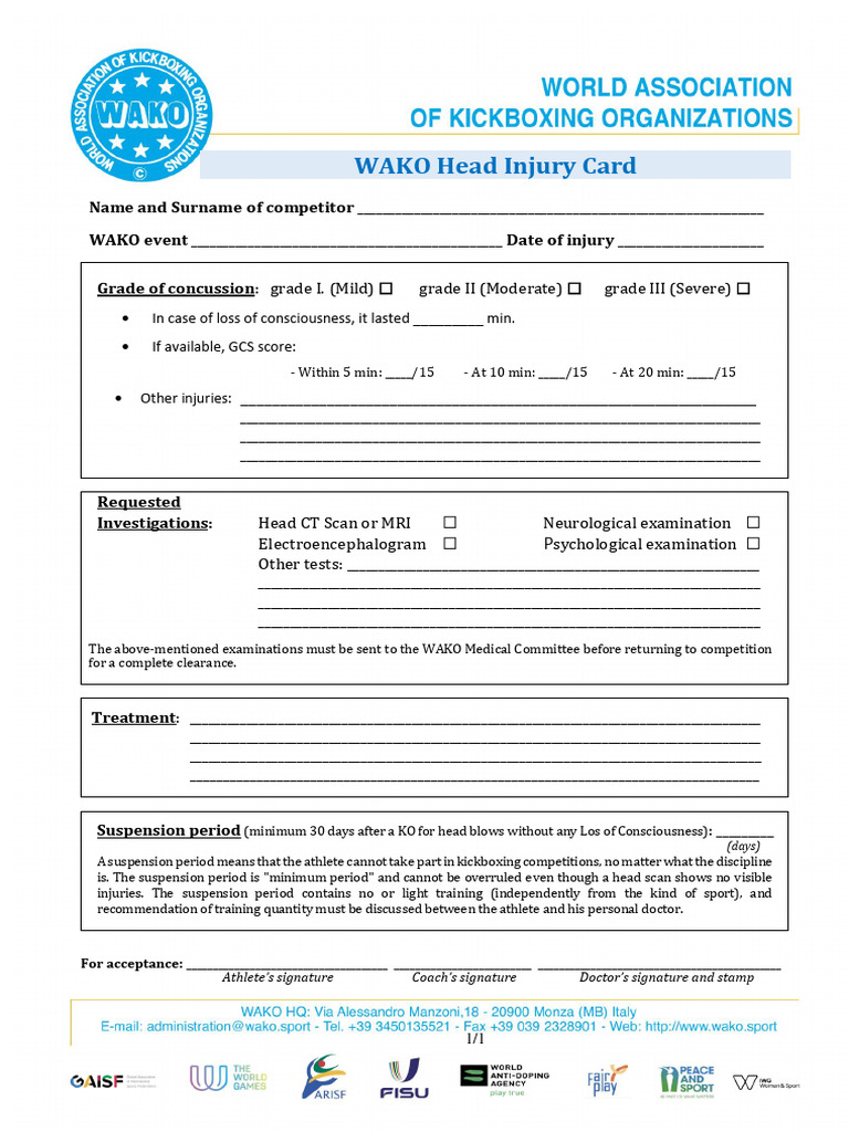 WAKO Head Injury Card 2021 v1 30012021 | PDF | Concussion | Injury