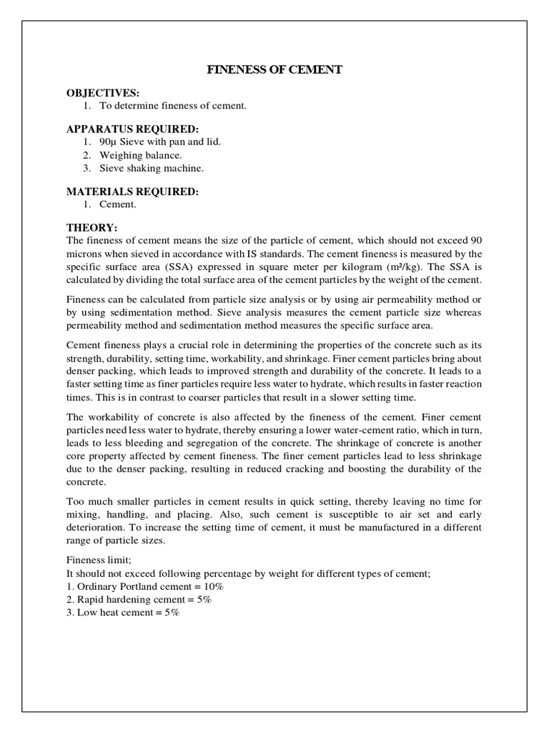 Fineness of Cement Test | PDF | Concrete | Cement