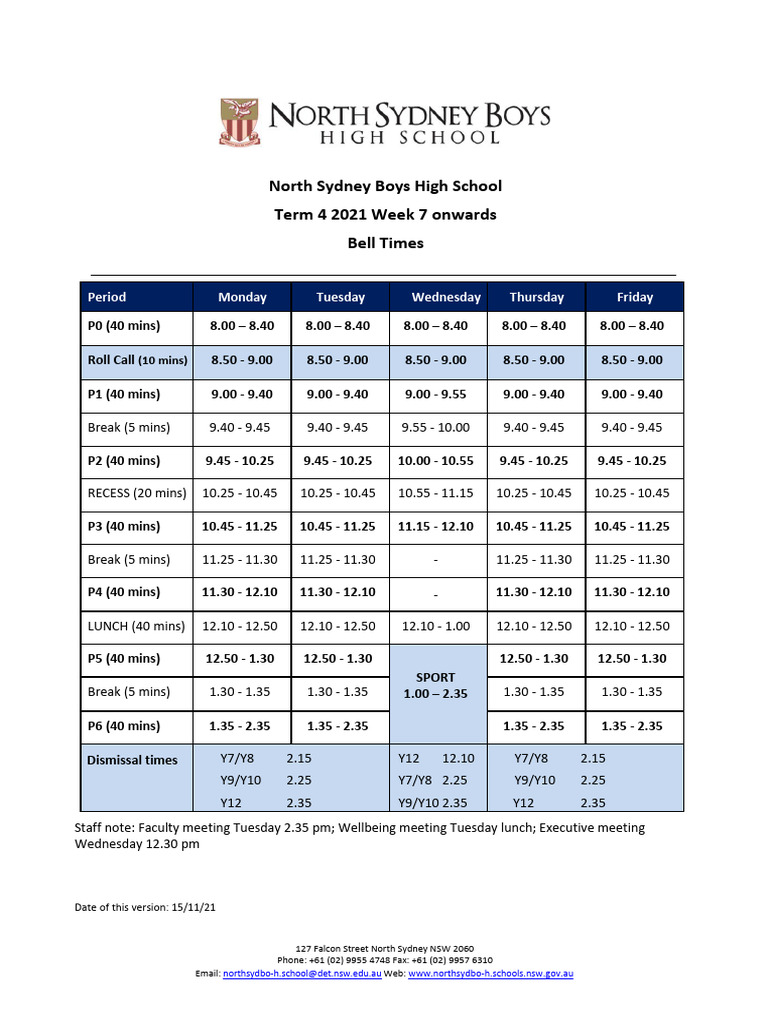 Bell Times Term 4 2021 W7 Onwards | PDF