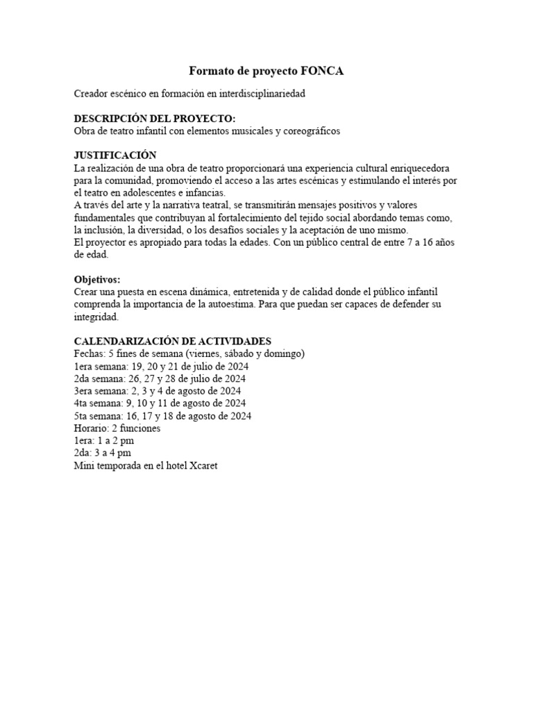 Proyecto FONCA: Teatro Infantil 2024 | PDF