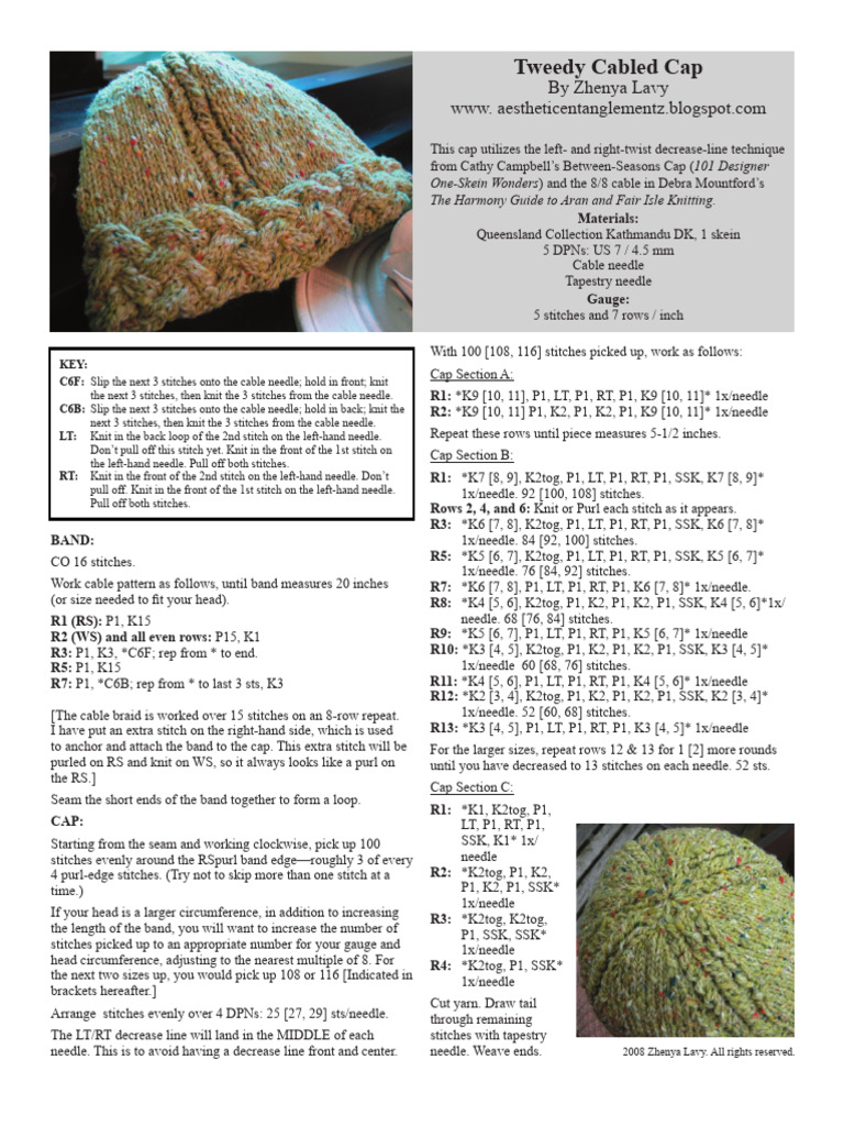 Tweedy Cabled Cap-ZhenyaLavy | PDF | Knitting | Gauge (Knitting)