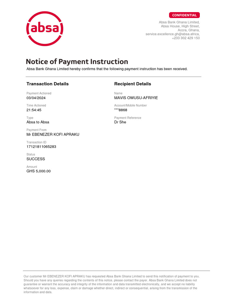 Absa Bank Ghana Payment Confirmation | PDF