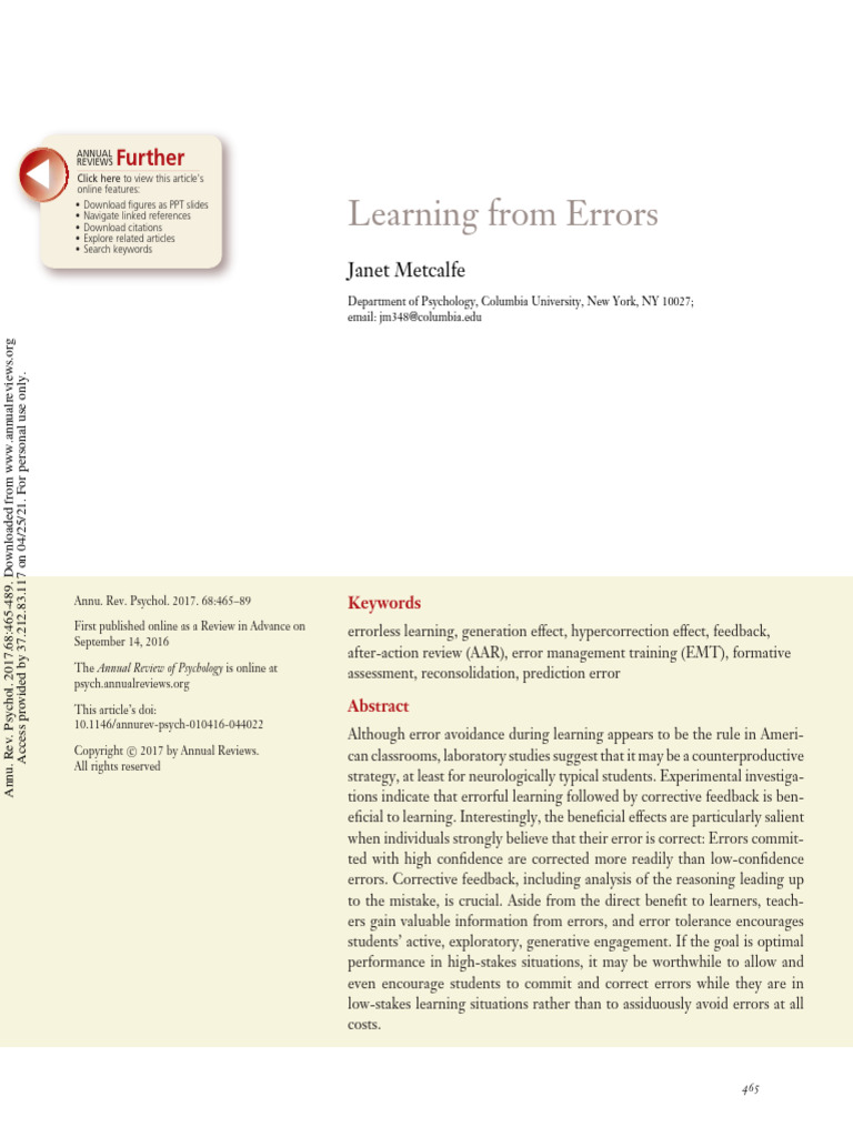 Annurev-Psych Learning From Errors | PDF | Learning | Recall (Memory)