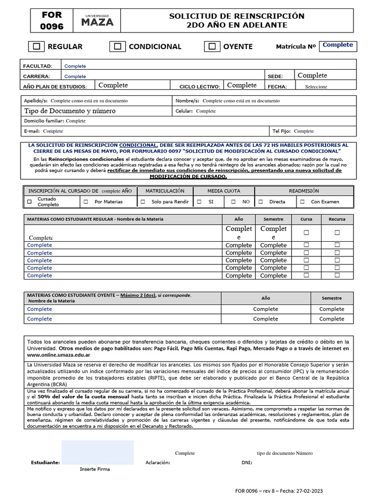 Reinscripción_2do_año_en_adelante.Formulario-rev08 | PDF | Tarjeta de débito | Economias