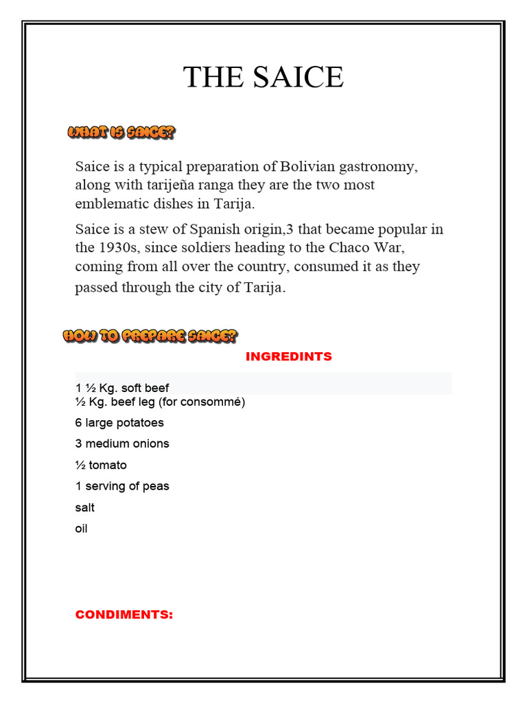 Bolivian Saice Recipe Guide | PDF | Cooking, Food & Wine | Home & Garden